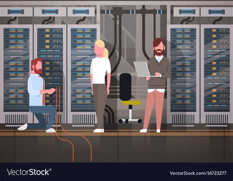 People Working In Data Center Room Hosting Server Vector Image