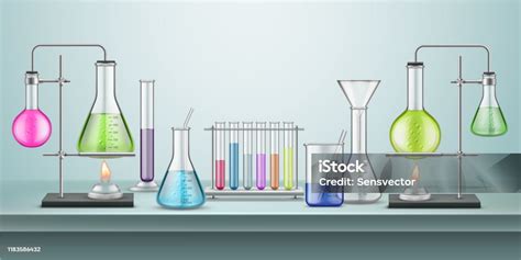 파이프와 실험실 플라스크 튜브 및 난방 화재가있는 화학 또는 화학 실험실 학교 실험 유리 제품은 반응을 위해 용기를 연결했습니다 생물학 시험 및 교육 테이블 약학 의학