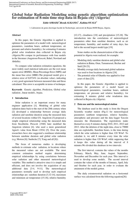 Pdf Global Solar Radiation Modeling Using Genetic Algorithm Optimization For Estimation Of 8