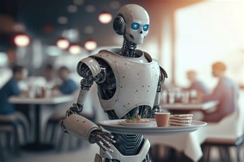 white waiter robot carrying a breakfast on a restaurant artificial