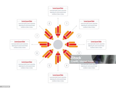 빨강 주황색 연필 인포 그래픽 템플릿 여덟 가지 옵션 브리핑 템플릿 교육 의료 비즈니스 기술 과학 세계를 위한 인포그래픽 템플릿 개념에 대한 스톡 벡터 아트 및 기타 이미지