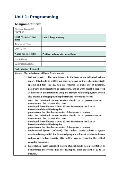 Unit 1 Programming Assignment Brief Problem Solving With Algorithms