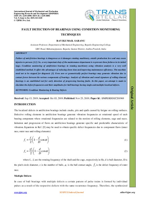 Pdf Fault Detection Of Bearings Using Condition Monitoring Techniques