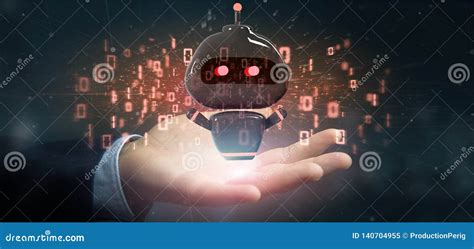businessman holding virus chatbot with binary code 3d rendering stock