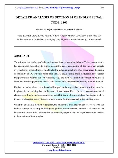 Detailed Analysis Of Section 84 Of Indian Penal Code 1860 Pdf