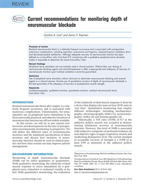 Pdf Current Recommendations For Monitoring Depth Of Neuromuscular Blockade
