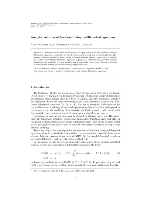 Pdf Analytic Solution Of Fractional Integro Differential Equations