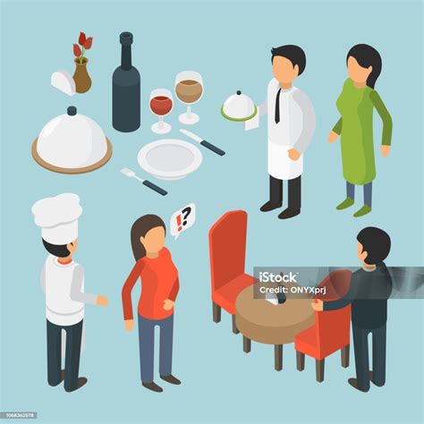아이소메트릭 레스토랑 사람들입니다 카페 사람 이벤트 럭셔리 라이프 스타일 웨이터 음식 3d 벡터 그림 3차원 형태에 대한 스톡 벡터 아트 및 기타 이미지 Istock