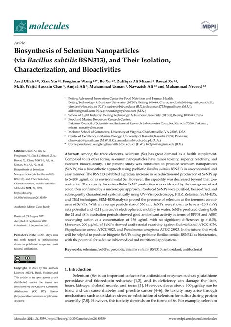Pdf Biosynthesis Of Selenium Nanoparticles Via Bacillus Subtilis