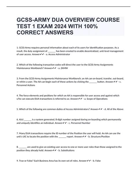 Gcss Army Dua Overview Course Test 1 Exam 2024 With 100 Correct Answers Gcss Army Stuvia Us