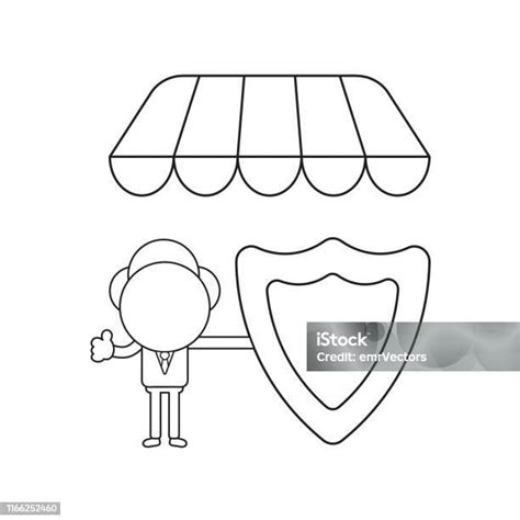 매장 차양 아래에 가드 쉴드를 들고 엄지 손가락을 보여주는 사업가 캐릭터의 벡터 일러스트 검은색 윤곽선 가까운에 대한 스톡 벡터 아트 및 기타 이미지 Istock