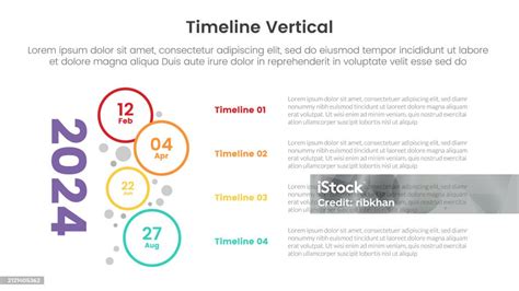수직 타임 라인 이정표 Infographic 템플릿 배너 개요 서클 스택 및 슬라이드 프레젠테이션에 대한 4 포인트 목록 정보가 있는 큰 연도 그래프에 대한 스톡 벡터 아트