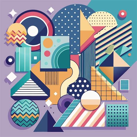 Abstract Geometric Pattern With Colorful Shapes Lines And Dots On A Purple Background Premium