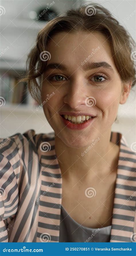 Young Lady Looking Webcam At Home Closeup Beautiful Girl Enjoying Online Date Stock Image