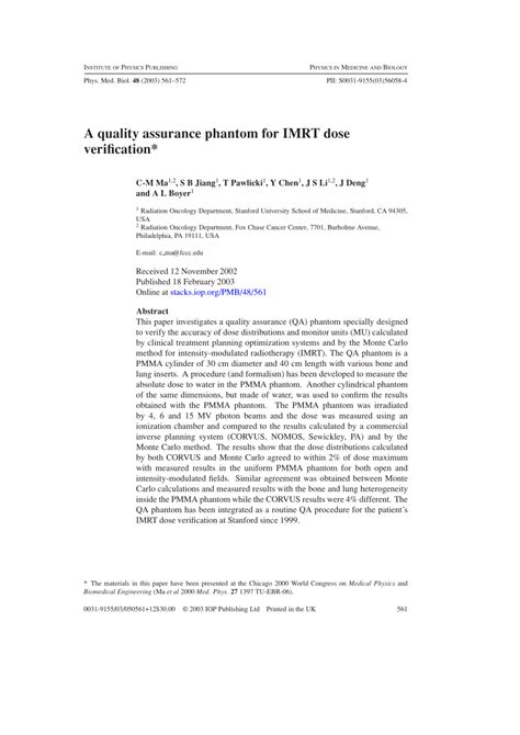 Pdf A Quality Assurance Phantom For Imrt Dose Verification