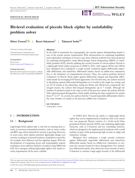Pdf Bit‐level Evaluation Of Piccolo Block Cipher By Satisfiability Problem Solver