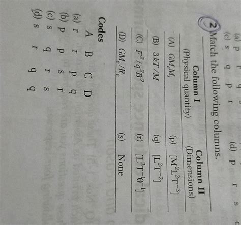 2 match the following columns column i physical quantity column ii dim