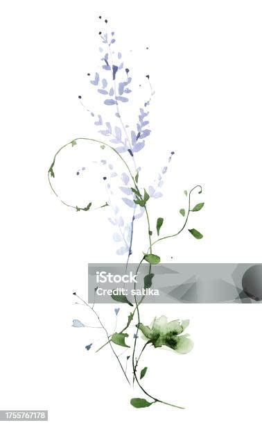 수채화는 하얀 배경에 초원 녹지 꽃다발 프레임을 그렸다 녹색과 파란색 야생 식물 고사리 가지 나뭇잎 결혼식에 대한 스톡 벡터