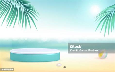 3d 무대와 야자수가 있는 여름 해변 배경 화려한 여름 풍경입니다 벡터 그림 0명에 대한 스톡 벡터 아트 및 기타 이미지 0명 3차원 형태 강단 Istock
