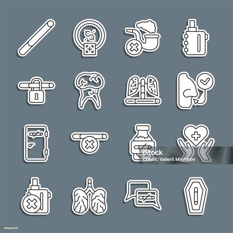 흡연으로 인한 죽음 십자가가있는 심장 건강한 호흡 흡연 파이프 연기 치아 우식증 아니오 담배 및 질병 폐 아이콘을 설정합니다 벡터 건강 진단에 대한 스톡 벡터 아트 및 기타