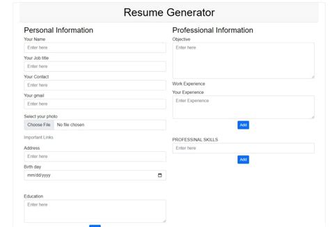 Resume Maker By Using Html Css Javascript Sourcecodester