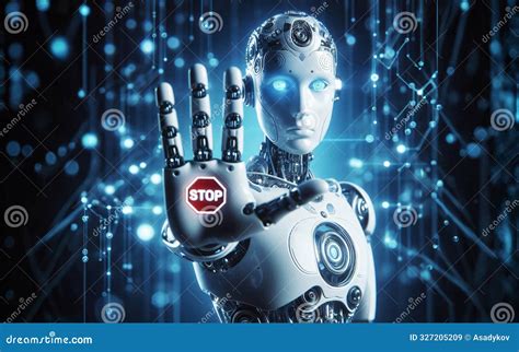 ai robot artificial intelligence stop halt prohibition warning hand signal gesture stock