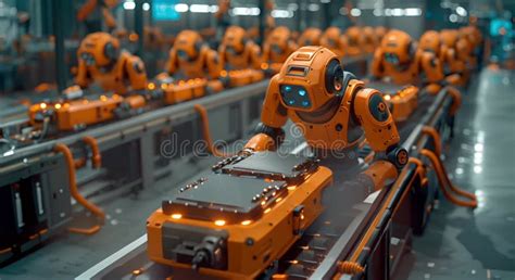Industrial Robots Collaborating With Human Workers On The Assembly Line Illustrating The