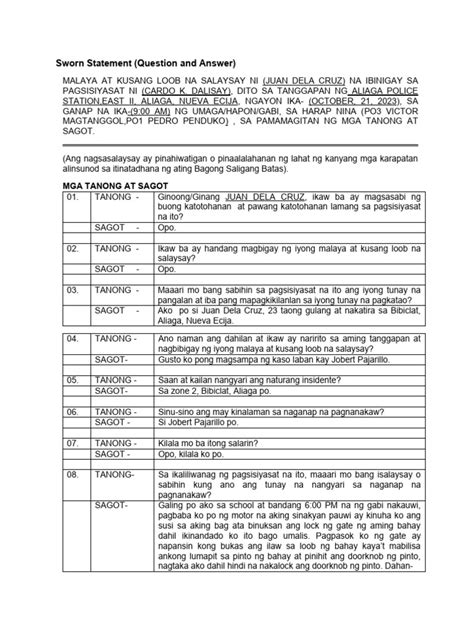 Sample Format Of Sworn Statement Question And Answer Pdf