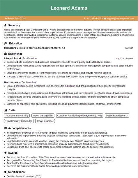 Tour Consultant Resume Template Resumegemini Online Resume Builder