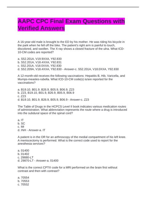 AAPC CPC Final Exam Questions With Verified Answers Medical Coding Stuvia US
