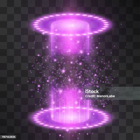 พอร์ทัลแสงนีออนสีชมพูแห่งอนาคตแสงกระบอกรัศมีรูปร่างคอลัมน์ที่มีประกายเรืองแสงบนพื้นหล ภาพประกอบ