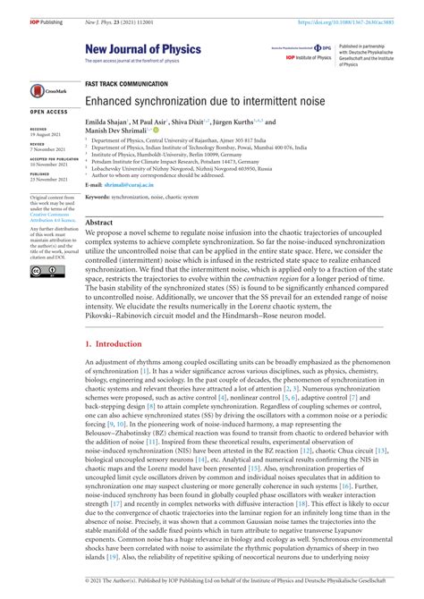 Pdf Enhanced Synchronization Due To Intermittent Noise