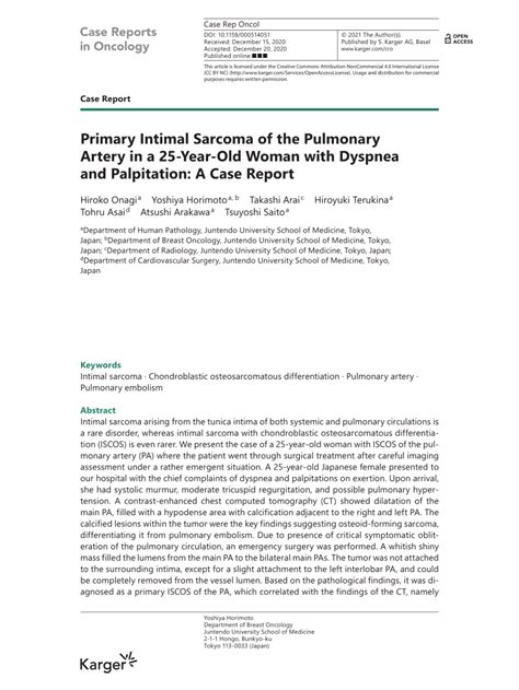 Pdf Primary Intimal Sarcoma Of The Pulmonary Artery In A 25 Year Old Woman With Dyspnea And
