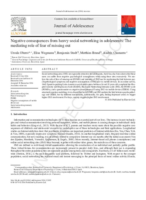 Pdf Negative Consequences From Heavy Social Networking In Adolescents The Mediating Role Of