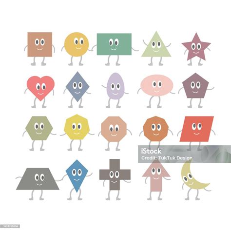 아이들이 유치원 유치원 및 몬테소리 어린이를위한 웃는 얼굴 캐릭터 일러스트레이션으로 기본 수학 교육을 배울 수있는 만화 기하학적 모양 컬렉션 0명에 대한 스톡 벡터 아트 및