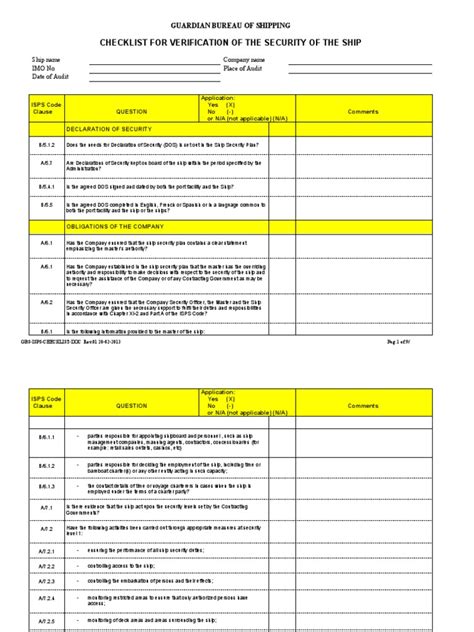 Mco Isps Checklist Doc Checklist For Verification Of The Security Of The Ship Rev 01 20 02