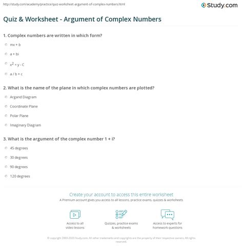Quiz Worksheet Argument Of Complex Numbers Study Com