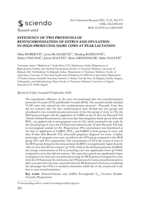 Pdf Efficiency Of Two Protocols Of Resynchronization Of Estrus And Ovulation In High Producing