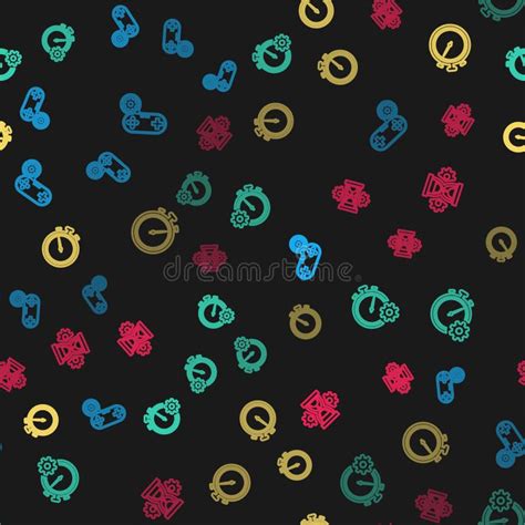 Set Line Gamepad Setting Time Management Stopwatch And Hourglass On Seamless Pattern Vector