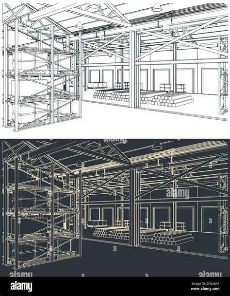 Stylized Vector Illustration Of A Large Warehouse With Boxes Shelves