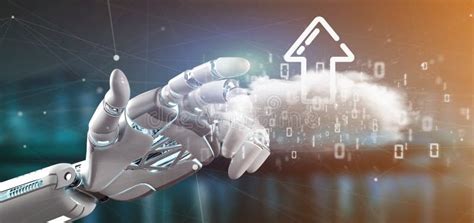 Cyborg Holding A Binary Cloud With Upload Internet Arrow 3d Rend Stock