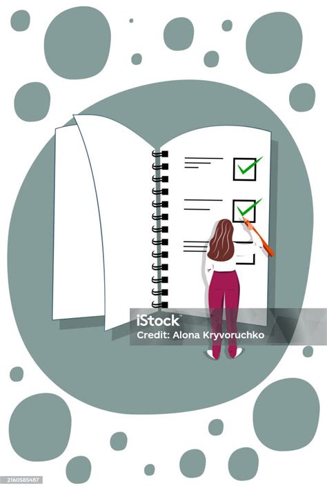 만화 스타일의 벡터 일러스트 레이 션 할 일 할 일 목록 또는 경쟁 작업을 확인하는 체크리스트를 들고 있는 여성의 개념 테스트 문서 설문지 설문 조사 양식 제어 목록의