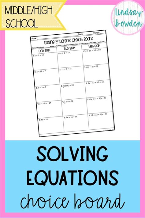 Differentiated Solving Linear Equations Choice Board For Algebra 1 8th 11th Solving Equations