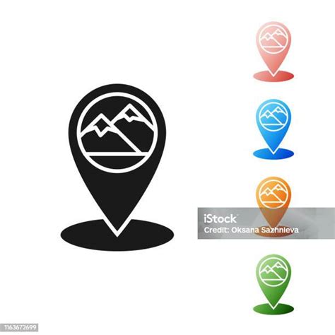 흰색 배경에 격리 된 산 아이콘이있는 검은 지도 포인터입니다 산 여행 아이콘입니다 다채로운 아이콘을 설정합니다 벡터
