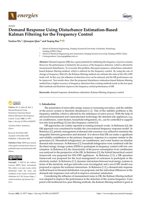 Pdf Demand Response Using Disturbance Estimation Based Kalman Filtering For The Frequency Control