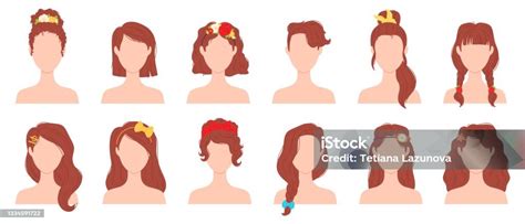 꽃 리본 활 액세서리와 플랫 여성 헤어 스타일 머리 핀 넥타이와 밴드젊은 여성 헤어 스타일 소녀 헤어 스타일 벡터 세트 개체 그룹에 대한 스톡 벡터 아트 및 기타 이미지