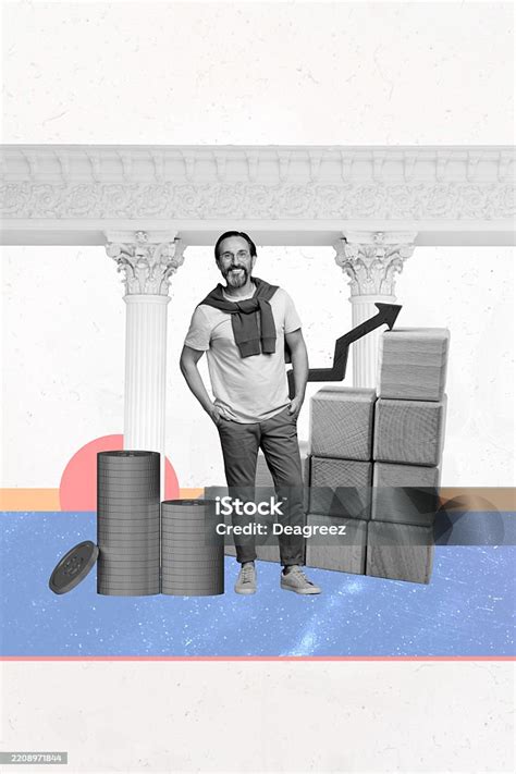 독점 삽화 배너 행복한 사업가의 크리 에이 티브 콜라주 스탠드 화살표 개발 큐브 동전 달러 수입 열 돈 이익 45 49세에 대한 스톡 사진 및 기타 이미지 Istock