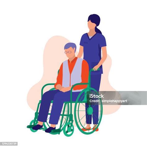휠체어에 앉아 있는 장애인 노인 의료 및 건강 개념 벡터 일러스트 플랫 만화 휠체어에 대한 스톡 벡터 아트 및 기타 이미지 휠체어 밀기 의료 관련 직업 Istock