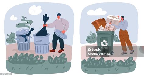 Garbige의 벡터 그림입니다 쓰레기를 분류하는 사람들은 개념이 아닙니다 여자는 낭비되는 종이를 재활용 용기에 넣었다 환경 보호 더러운 쓰레기통에 Garbige를 던지는