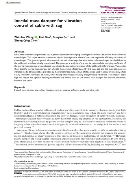 Pdf Inertial Mass Damper For Vibration Control Of Cable With Sag